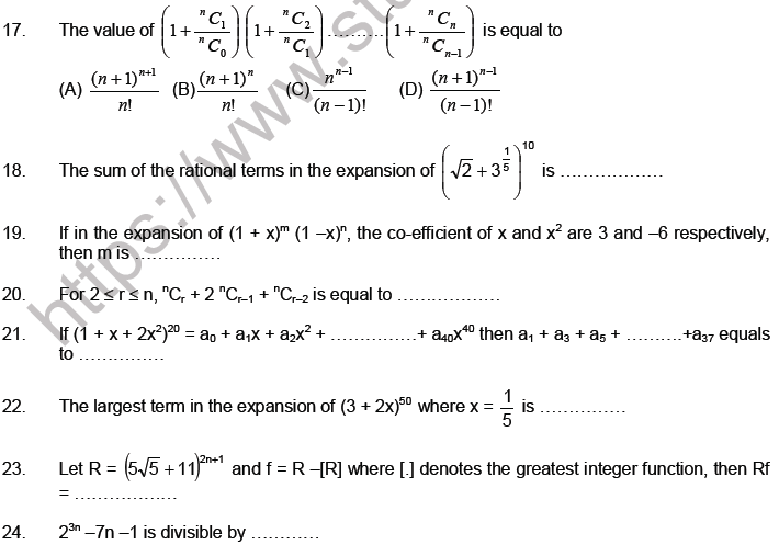 JEE Mathematics Binomial Theorem MCQs Set C with Answers